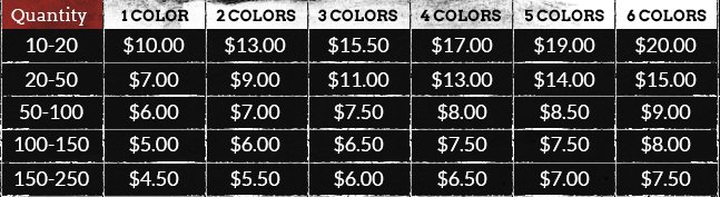 T Shirt Pricing Screen Printing Pricing Guerrilla Tees